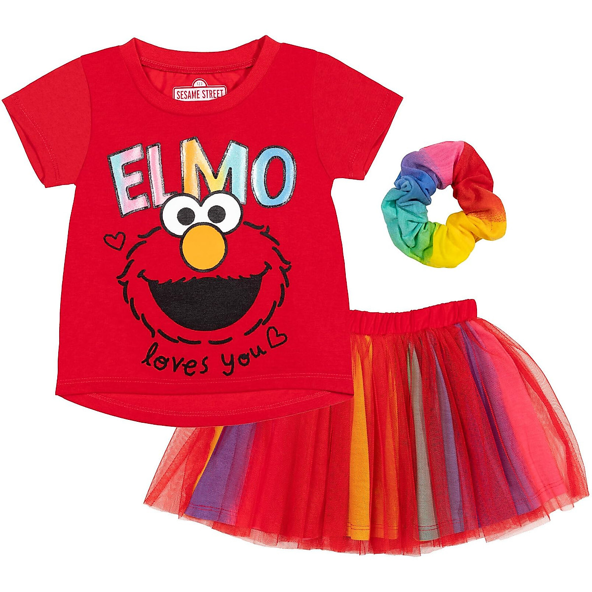 Sesame Street Elmo Infant Baby Girls Graphic T-Shirt Mesh Skirt and Scrunchie 3 Piece Outfit Set Red/Rainbow 18 Months