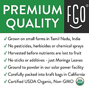 FGO Organic Moringa Oleifera Leaf Powder, 100% Raw from India, 16oz (Pack of 1)