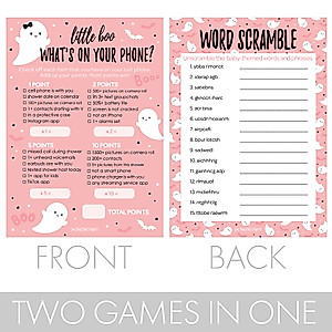 DISTINCTIVS Pink A Little Boo is Almost Due Girl Baby Shower Games - What's On Your Phone and Word Scramble (2 Game Bundle) - 20 Dual Sided Cards, Halloween Baby Shower