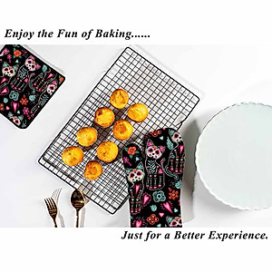 Samgula Day of The Dead Oven Mitts and Pot Holders Sets Cats Skeleton Bright Hearts Flowers Heat Resistant 3pcs for Cooking Baking BBQ