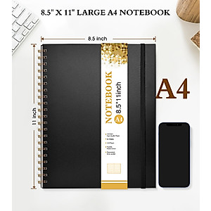 Spiral Notebook Journal 8.5” x 11”, A4 Large Notebooks for Women Men, College Ruled Lined Journal, 100 GSM Paper, Plastic Hardcover Spiral Bound Journals for Work School Note Taking Business, Black