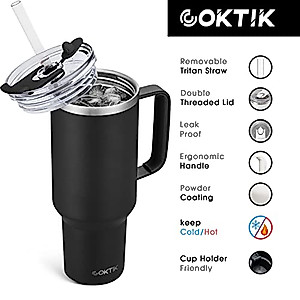 COKTIK 40 oz Tumbler With Handle and Straw Lid, 2-in-1 Lid (Straw/Flip), Vacuum Insulated Travel Mug Stainless Steel Tumbler for Hot and Cold Beverages(Black)