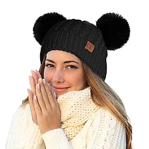 C.C Hatsandscarf Exclusives Cable Knit Double Pom Winter Beanie (HAT-2055) (Black-Color Natural Pom)