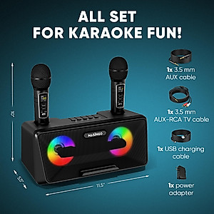 MASINGO Karaoke Machine for Adults and Kids with 2 Wireless Microphones, Portable Bluetooth Singing Speaker, Colorful LED Lights, PA System, Lyrics Display Phone Holder, and TV Cable. Presto G2 Black