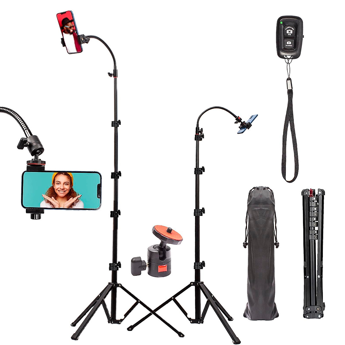 Tall Cell Phone Tripod, Phone Floor Video Tripod, Adjustable Gooseneck Phone Tripod with Carry Bag, 360 Swivel Head, Phone Clamp for iPhone16 /Pro/Pro Max/Plus/15/14/13/12/11, S22 S21