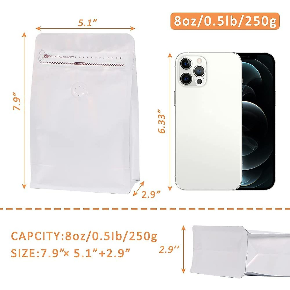 DMPACKDM Coffee Bags with Valve,(50pcs,8 oz/0.5 lb) Flat Bottom White Empty Aluminumed Foil Standing Heat Sealed Coffee Beans Storage Bags,Side Zipper Reusable Bags for Home or Store