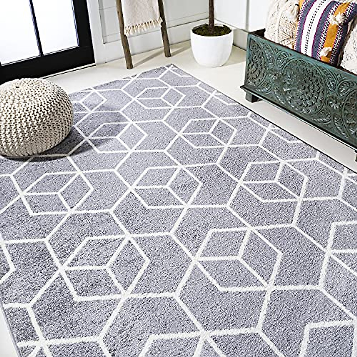 JONATHAN Y SEU101F-5 Tumbling Blocks Modern Geometric Indoor Area-Rug Contemporary Casual Easy-Cleaning Bedroom Kitchen Living Room Non Shedding, 5 X 8, Gray/White