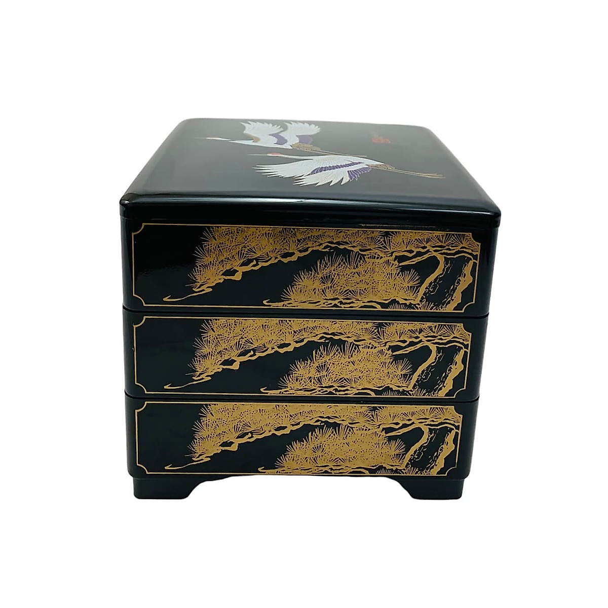 JapanBargain 4119, Jubako Box Japanese Traditional 3 Tiers Stack Box Food Candy Snack Container Bento Box Made in Japan, Plastic Lacquered, Black Crane