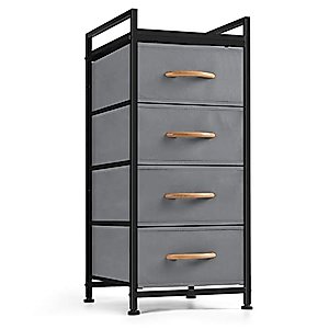 Drawer Dresser for Bedroom Fabric Storage Dresser with 4 Drawers Tower Tall Nightstand Chest of Drawers with Wood Top and Steel Frame Organizer Unit for Closet Living Room Hallway Entryway (Grey)