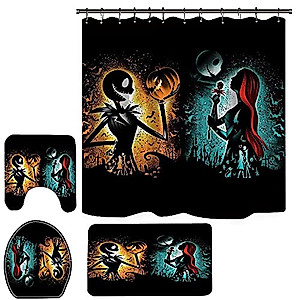 4 Pcs /Set Halloween Bathroom Decor Shower Curtain Sets with Bath Rugs ,Nightmare Before Christmas Bathtub Curtains Area Rug Mats Toilet Seat Cover Hooks Gray Skull Skeleton Blue Yellow (Black)