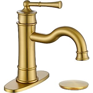 WINKEAR Roman Bathroom Sink Faucet Brushed Gold Single Hole Deck-Mount Pop-up Drain Assembly with Overflow Deck Plate and Water Supply Lines Included