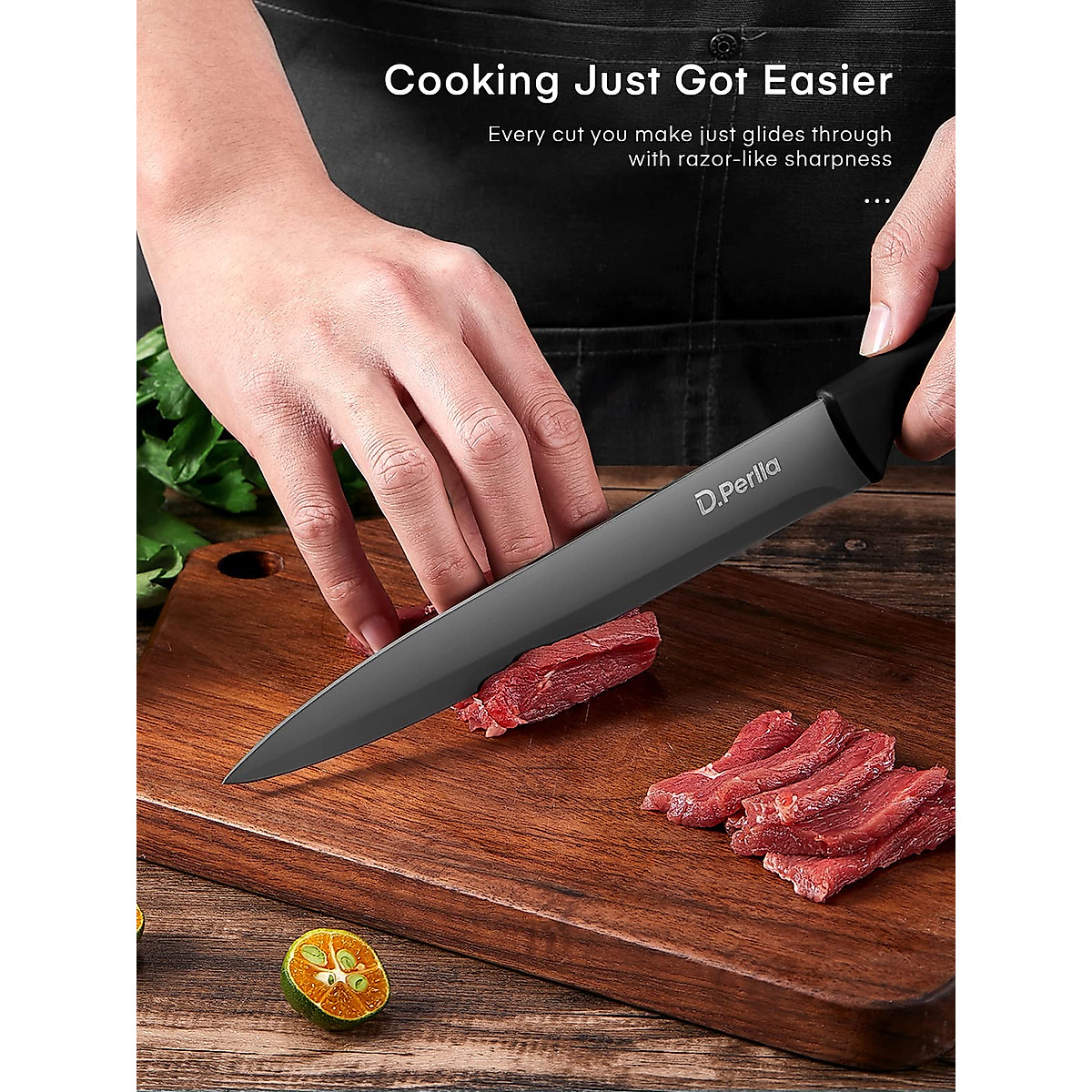 D.Perlla Knife Set with Block, 15 Pieces Stainless Steel Kitchen Knife Set with BO Oxidation Technology, No Rust, Sharp Knife Block Set
