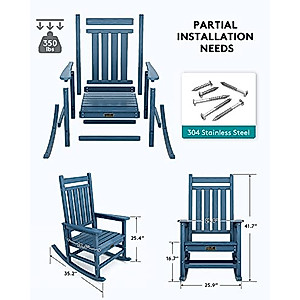 SERWALL Oversized Rocking Chair, Outdoor Rocking Chair for Adults, All Weather Resistant Porch Rocker for Lawn Garden, Blue