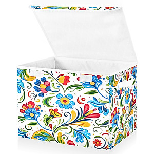 Wassud Storage Bins with Lids Colorful Flower Pattern Collapsible Stackable Fabric Linen Baskets Closet Organizer Container,16.5"x12.6"x11.8"