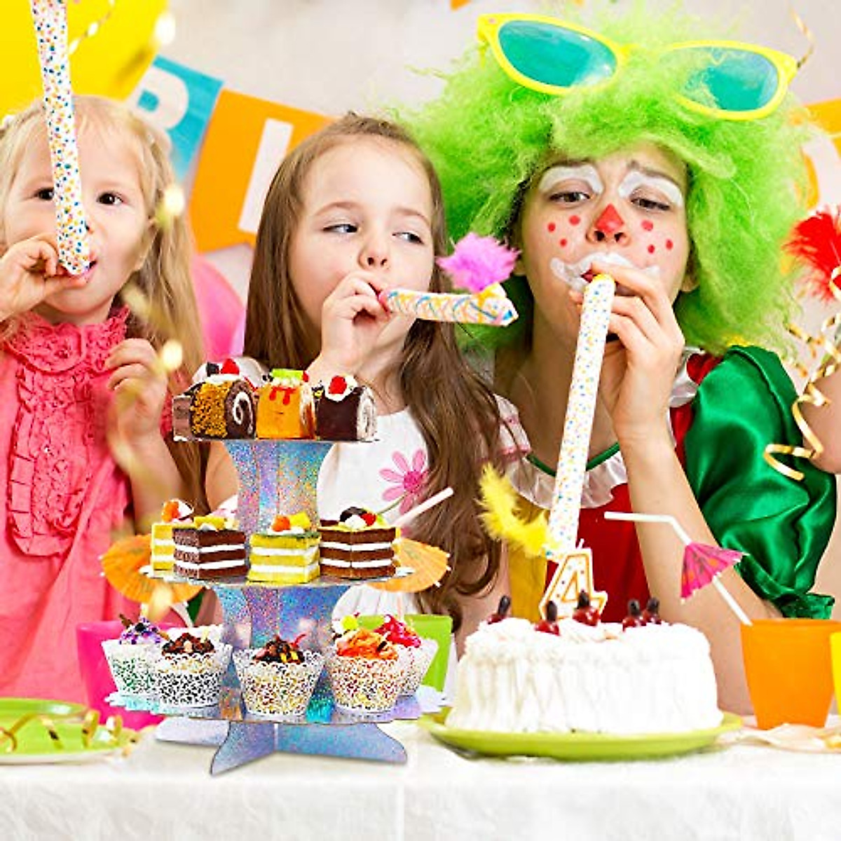 2 Pieces 3-Tier Round Cupcake Stand Rainbow Cardboard Cupcake Stands with 10 Pieces Cupcake Wrappers Dessert Tower Pastry Display Stand Set for Baby Shower Wedding Birthday Party