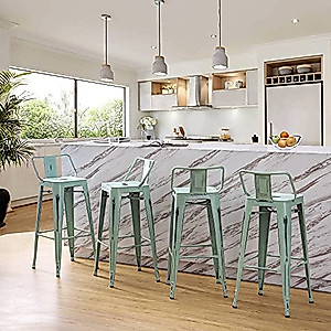 Changjie Furniture Metal Bar Stools Set of 4 Distressed Industrial Counter Bar Stool with Backs Bistro Cafe Barstools(30 inch, Distressed Blue-Green)