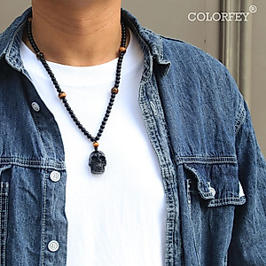 Obsidian Skull Necklace for Mens, Triple Protection Crystal Necklace with Genuine Obsidian Tiger Eye and Black Onyx Stone, Natural Mens Beads Necklace to Bring Luck, Prosperity and Happiness