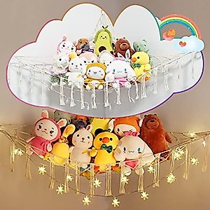 RORJOY Stuffed Animal Net or Hammock, Big Size Plush Toy Net Hammock with Decorative String Light, Corner Stuffed Animal Hammock Hanging Storage Holder, Nursery Play Room Bedroom Kid Room Decor