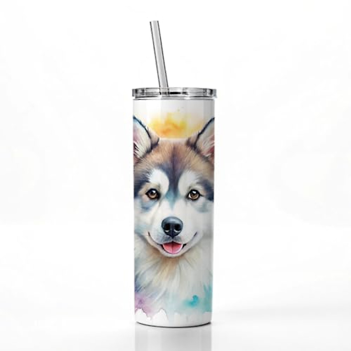 Pomsky Dog Watercolor Style Skinny Tumbler 20oz with Straw Insulated Water Bottle Gift