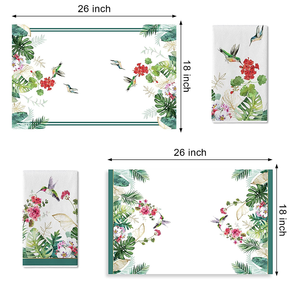 Seliem Summer Hummingbird Geranium Flower Bird Kitchen Dish Towel 2 Pack, Tropical Palm Leaf Monstera Plant Floral Hand Drying Baking Cloth, Spring Botanical Greenery Green Decor Home Decoration 18x26