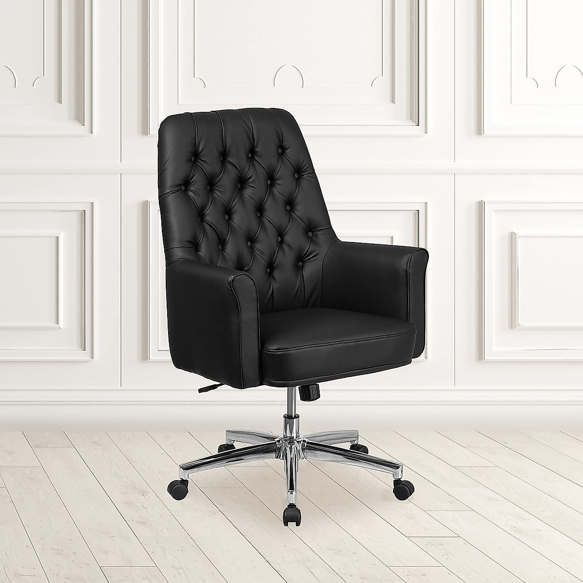 Flash Furniture Hansel Mid-Back Traditional Tufted Black LeatherSoft Executive Swivel Office Chair with Arms
