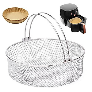 Air Fryer Basket, Oven Steamer Basket with 30pcs Air Fryer Paper Liner, 304 Stainless Steel Mesh Basket for Air Fryer, Air Fryer Accessory 8 inch Basket with Handle