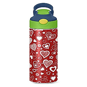 12 oz Kids Water Bottle, Valentine's Day Heart Stainless Steel Vacuum Insulated Flask with Straw Lid Double Wall Leakproof Thermos Reusable Toddlers Tumbler for School Girls Boys