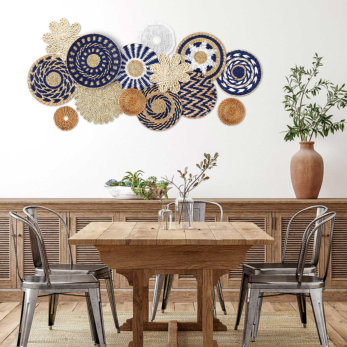 Xuhal 15 Pcs Boho Wall Basket Decor Hanging Woven Wall Basket Decorative Rustic Handcrafted Seagrass Baskets Round Woven Hanging Art for Home Farmhouse Kitchen Table Living Room (Blue Classic Style)