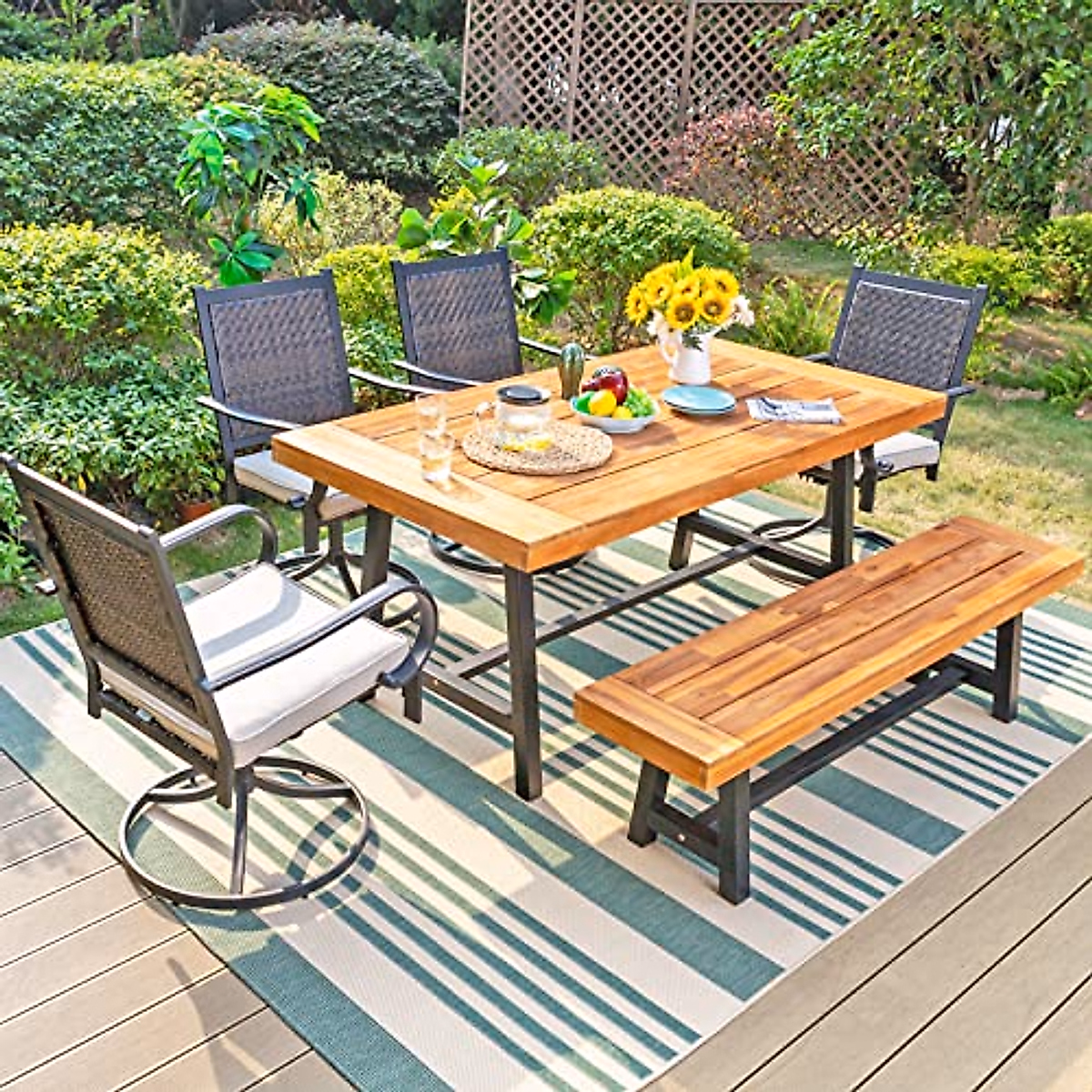 Sophia & William 6 Pieces Patio Dining Set for 6, 4 PE Rattan Swivel Chairs and 1 Rectangular Acacia Wood Table and 1 Bench, Outdoor Table and Chairs with Cushions, Outside Furniture for Yard Porch