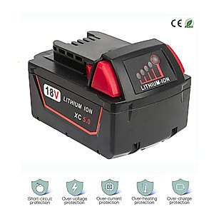 Volt1799 2PACKS 5.0Ah 18V Lithium Battery and Charger for Milwaukee M18 Battery 48-11-1820 Cordless Power Tools Batteries, Capacity Output 5.0Ah