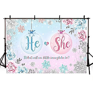 AIBIIN 7x5ft Winter Snowflake Gender Reveal Backdrop Pink or Blue He or She What Will Baby Be Boy Girl Floral Photography Background Baby Shower Party Decoration Banner Supplies Photo Studio Props