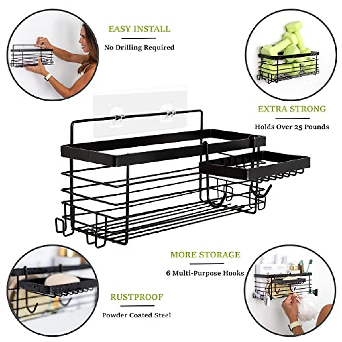 Shower Wall Caddy with Removable Soap Holder – Rustproof Black Metal Hanging Bathroom Shower Organizer Rack – 6 Sturdy Hooks for Storage – Adhesive Mounts & Mini Bubble Level for Easy Install