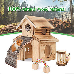 Small Animal Activity Toy Hamster Houses Hideouts Wooden Rat Playground Platform with Ladders Bridge for Chinchilla, Guinea Pigs, Gerbil, Parrots, Dwarf Mice,and Other Small Animals（Without bark）