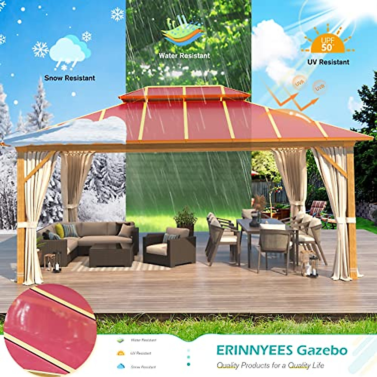 Erinnyees 12' x 16' Wood Grain Hardtop Gazebo, Outdoor Aluminum Composite Double Roof with Privacy Curtain and Mosquito Net for Patio, Lawn, Garden, Deck(Wood Looking, Wine Red)