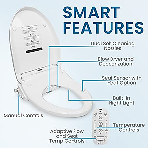 GenieBidet Electric Heated Smart Bidet -Unlimited Warm Water-Self Cleaning-Heated Seat-Elongated-Wireless Remote Control-Convenient Nightlight-Oscillating Wash. USA Customer Support/Service.