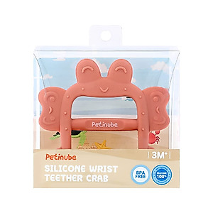 PETINUBE Baby Wrist Silicone Teether Soothing Pacifier for Infants 3+ Months Babies, Pack of 1, Made in Korea Anti-Dropping (Crab-Baby Coral)