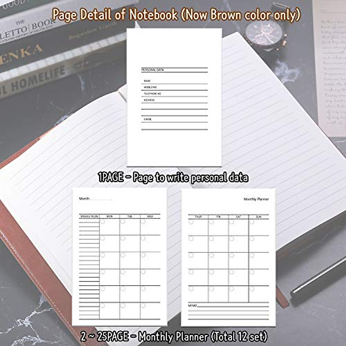 MINVELY A5 Soft Leather Journal Notebook - 100gsm Lined notebook, 12 set of monthly planner, Ivory Pages, Inner CardHolder, Leather Pen Holder, Bookmark | Arrives in luxury Gift Box - Brown