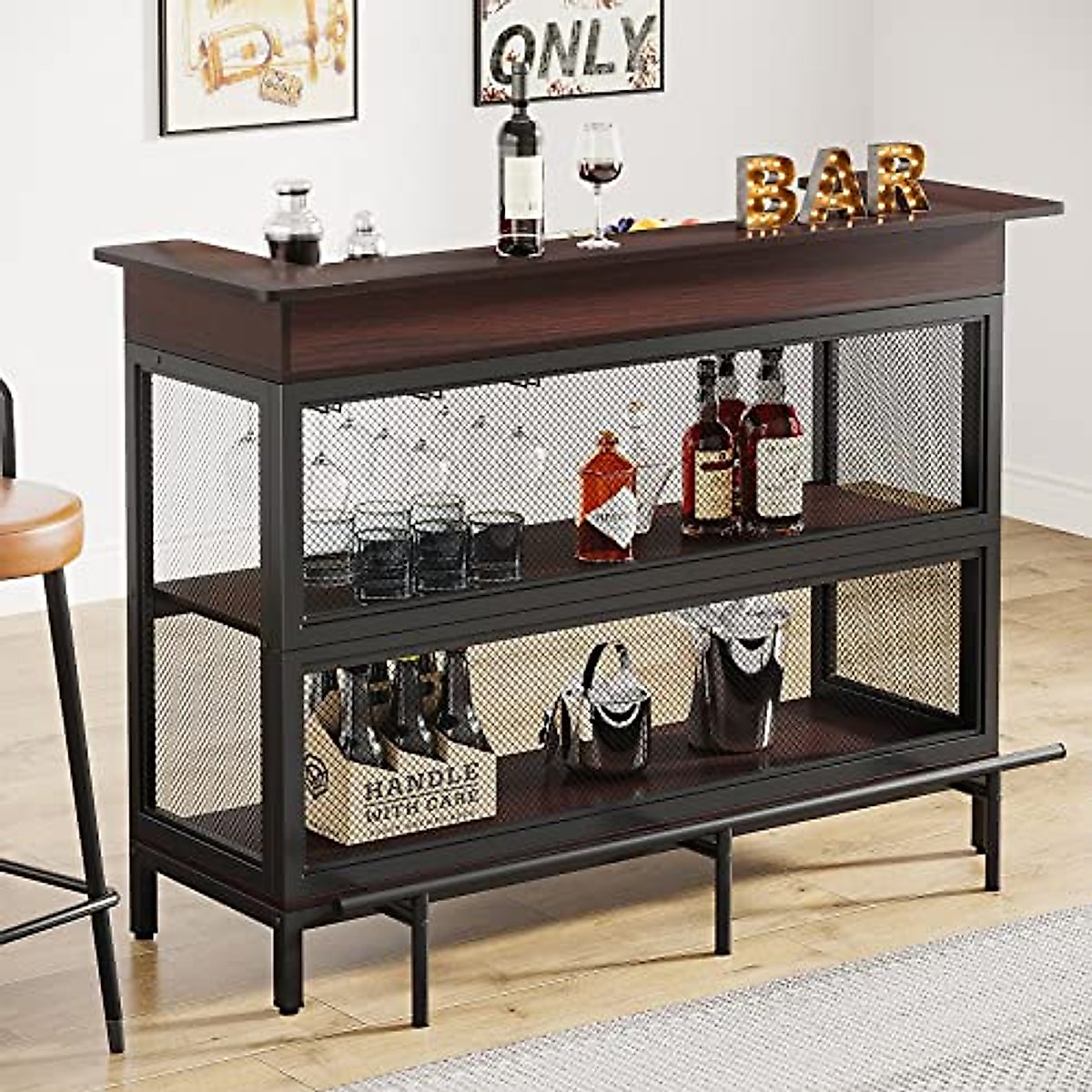 Tribesigns Industrial Home Bar Unit, 3 Tier Liquor Bar Table with Stemware Rack and Wine Storage Display Shelf, Mini Bar Cabinet with Glass Holder Footrest and Mesh Front