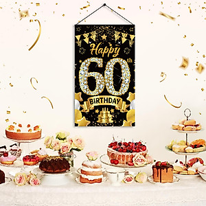 60th Birthday Decorations Door Banner Sign for Men Women, Happy 60 Birthday Door Hanging Party Supplies, Black Gold Sixty Year Old Bday Wall Hanger Decor