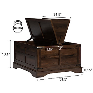 Wnutrees Farmhouse Coffee Table with Hinged Lift Top and Large Hidden Storage Compartment, Rustic Square Wood Central Table for Living Room, Bedroom, Home Office,Walnut