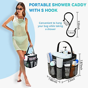 WSSROGY Portable Mesh Shower Caddy Tote Bag with 8 Pockets for Camping, Swimming, Gym, Bathroom, Dorm (Black)