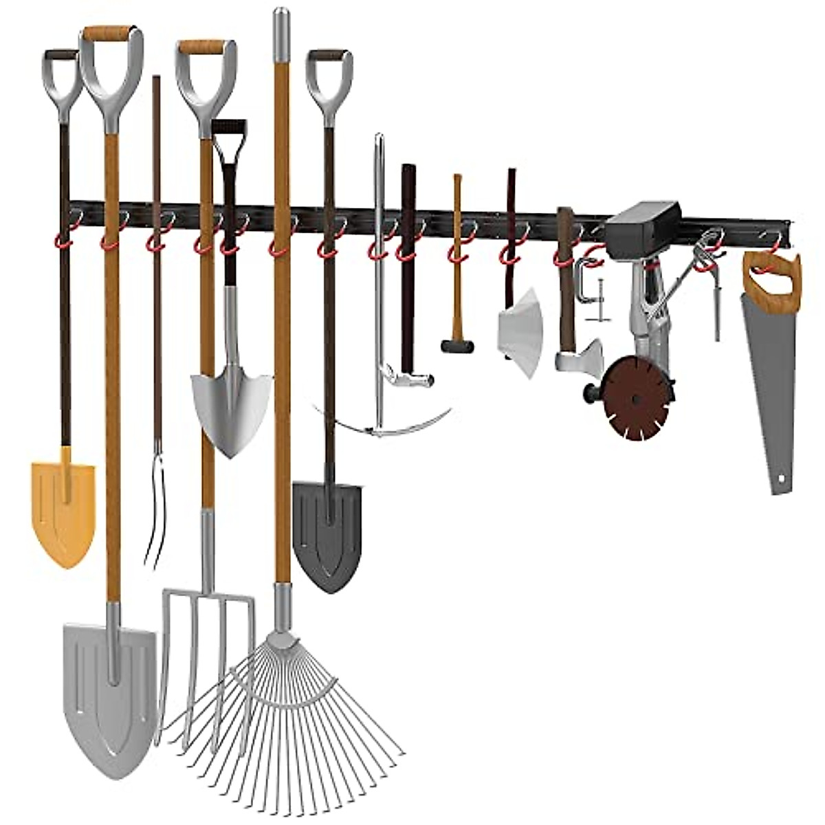 WALMANN All Metal 64 Inch Wall Mount Garden Tool Organizer for Garage, Mop and Broom Holder, Yard Tool Storage Rack for Rake, Shovel, Spade, Mop, Broom(4 Rails, 16 Hooks)