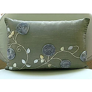 The HomeCentric Silver Lumbar Pillow Cover, Ribbon Rose Lumbar Pillow Cover, 12x24 inch (30x60 cm) Lumbar Pillow Cover, Rectangle Silk Lumbar Pillow Cover, Modern Lumbar - Silver Rose Garden