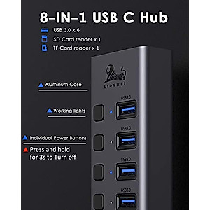 LIONWEI Universal 8-Port Powered USB 3.0/USB C Hub, Aluminum USB Splitter with 6 USB 3.0 Data Ports, SD/TF Card Readers, On/Off Power Switches, AC Adapter