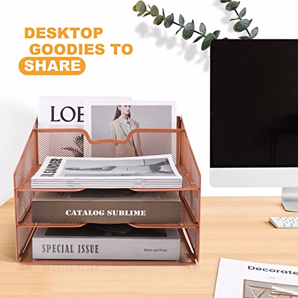 Meshist Rose Gold Desk Accessories Organizer, Desktop File Organzier with 3 Letter Trays and 1 Upright Section, Paper Organizer for Home and Office