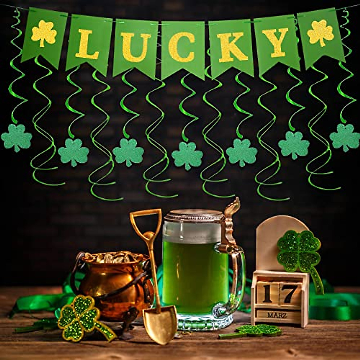 31 Pieces St. Patrick's Day Hanging Swirls Decorations - Green Lucky Banners Garland Hanging Clover Shamrock Swirls Irish Decor for Home Saint Patrick Party Supplies