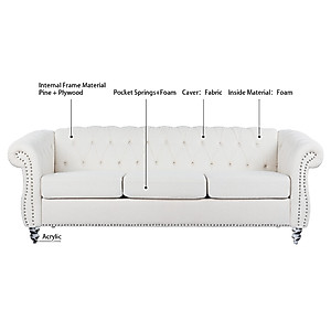 84" Chesterfield Sofa, Mid-Century Modern Velvet Upholstered Sofa, Deep Button Tufted Living Room Sofa with Roll Arms and Nailhead for Living Room, Bedroom, Office, Apartment (White)