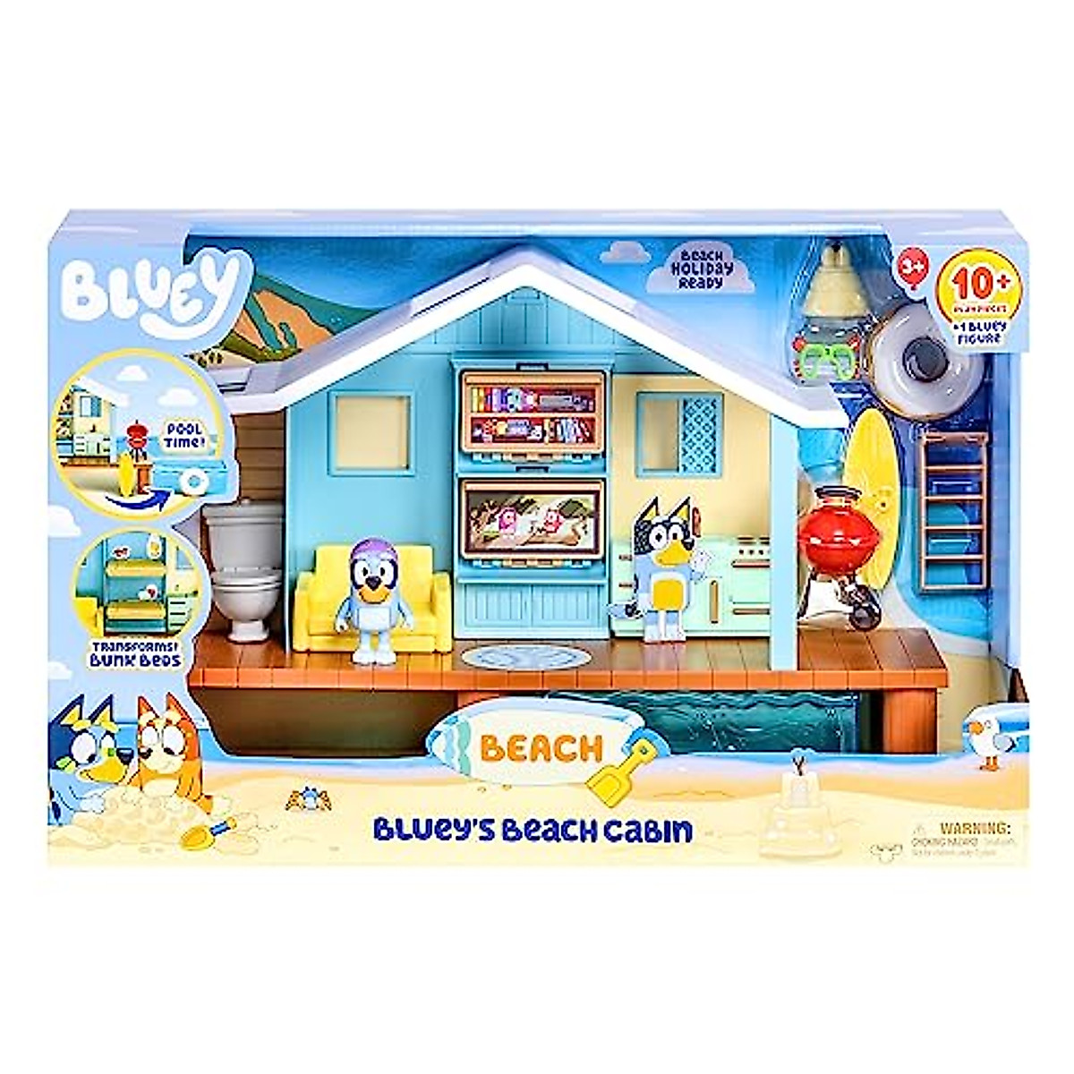 BLUEY Beach Cabin Playset, with Exclusive Figure with Goggles. Includes 10 Play Pieces and Sticker Sheet