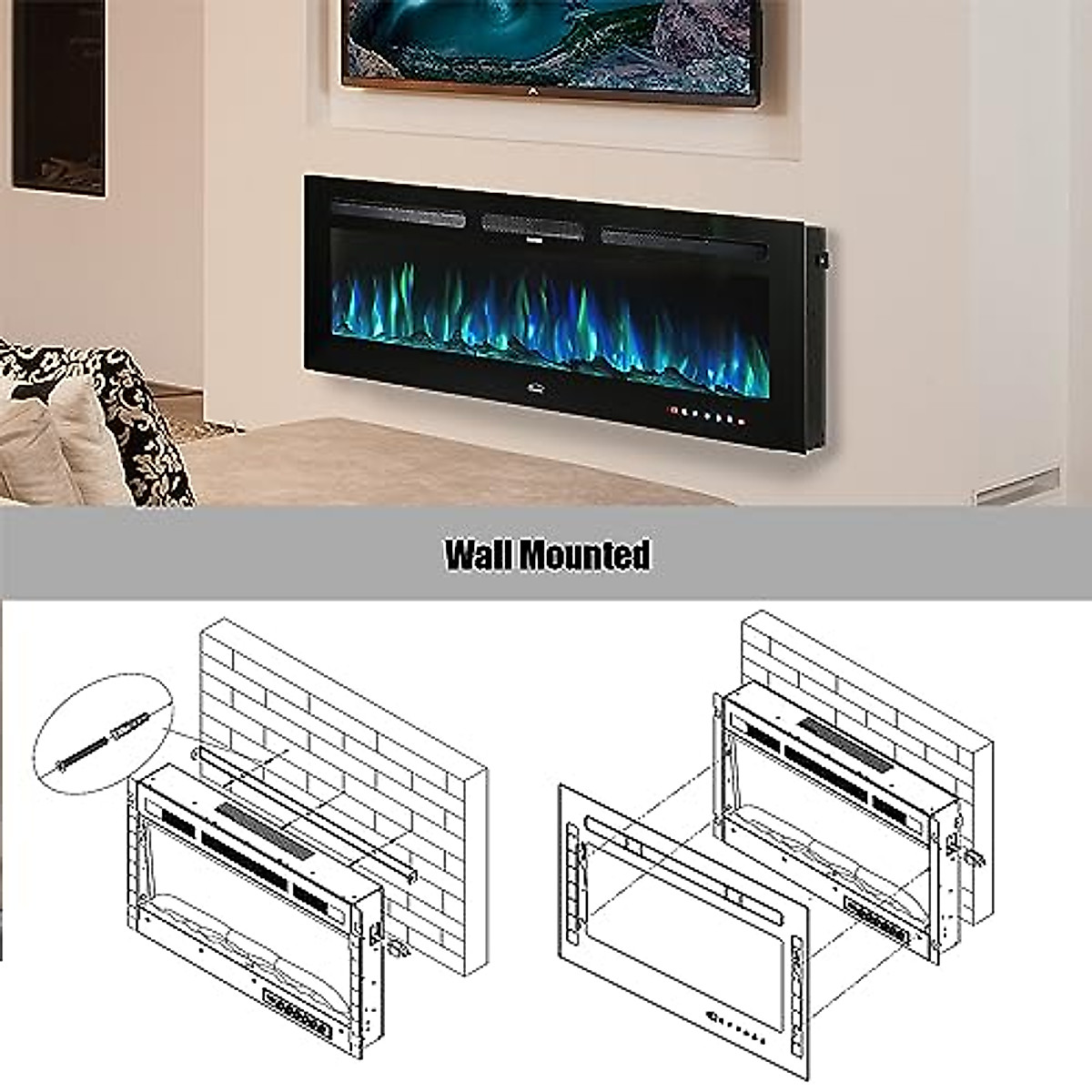 Clihome 50in Electric Fireplace Fire Places Electric Fireplace Inserts Electric Fireplace Heater Fireplace Decor Fireplace Heater with Timer, Remote Control, Adjustable Flame Color 750/1500W
