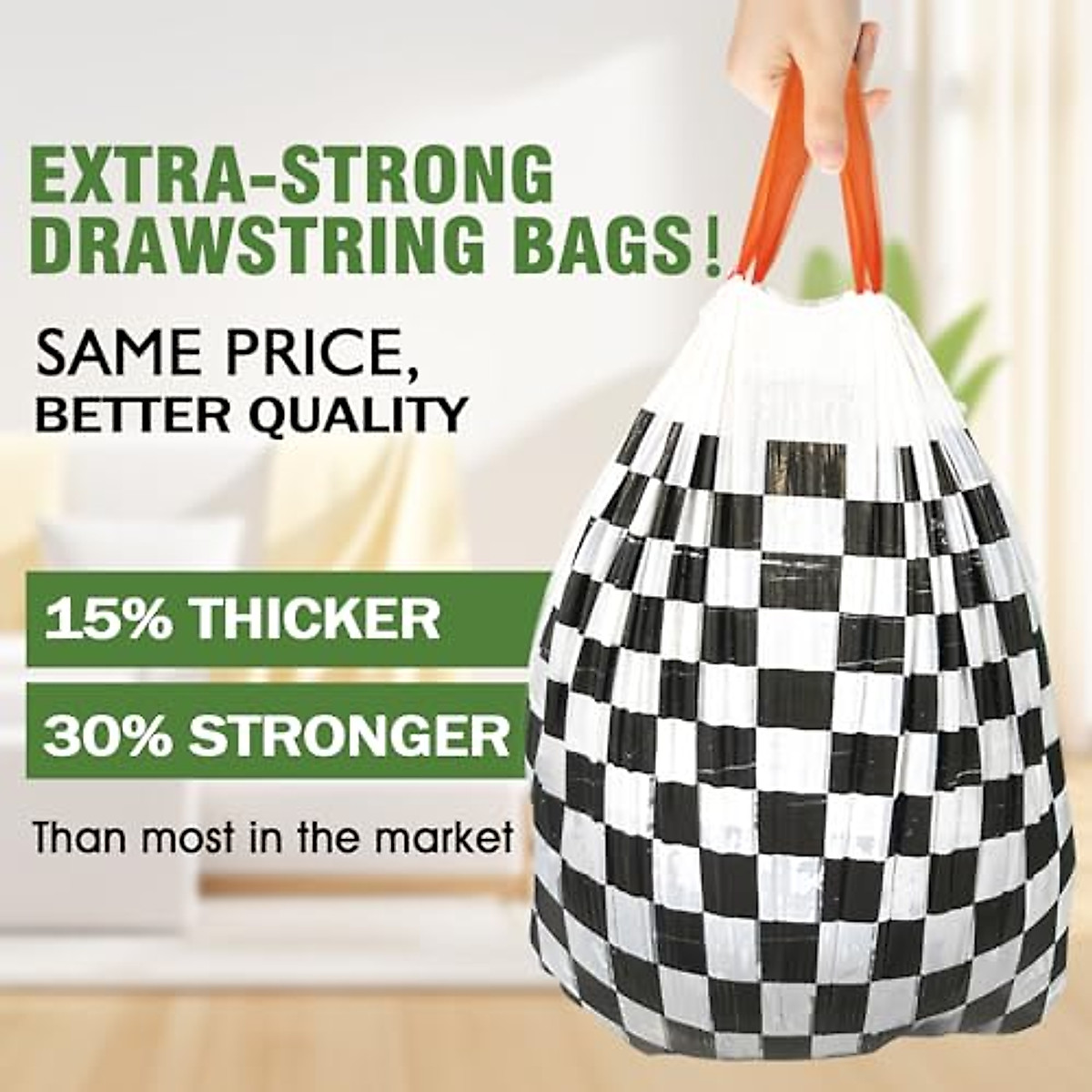 2 Gallon Trash Bags, GloDeals Small Trash Bag/Drawstring Garbage Bags, 120 Count Wastebasket Liners Durable Small Trash Bags for Bathroom, Kitchen, Bedroom, Office, Unscented, Individual Design